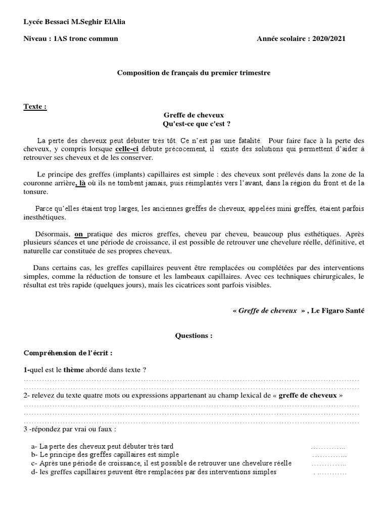Composition de Francais 1 As | Download Free PDF | Cheveux