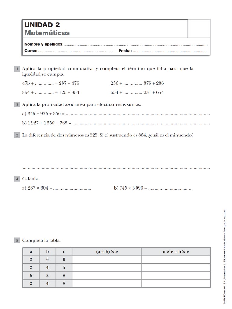 Ficha Repaso Matemáticas 6 Primaria Tema 2 | PDF