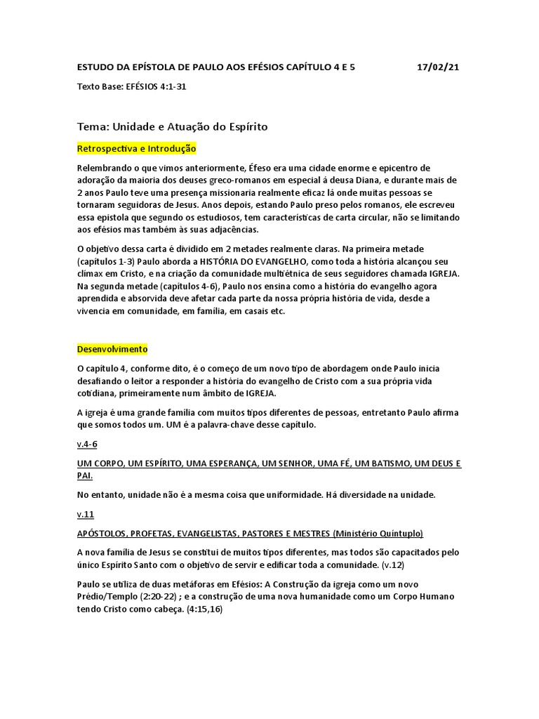 Estudo Da Epistola de Paulo Aos Efesios Capítulo 4 | PDF | Apóstolo ... Estudo Da Epistola de Paulo Aos Efesios Capítulo 4 | PDF | Apóstolo ...