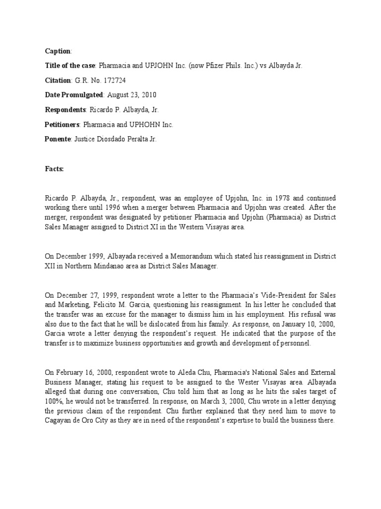 Pharmacia and UPJOHN vs Albayda Jr: Case on Valid Termination and ...