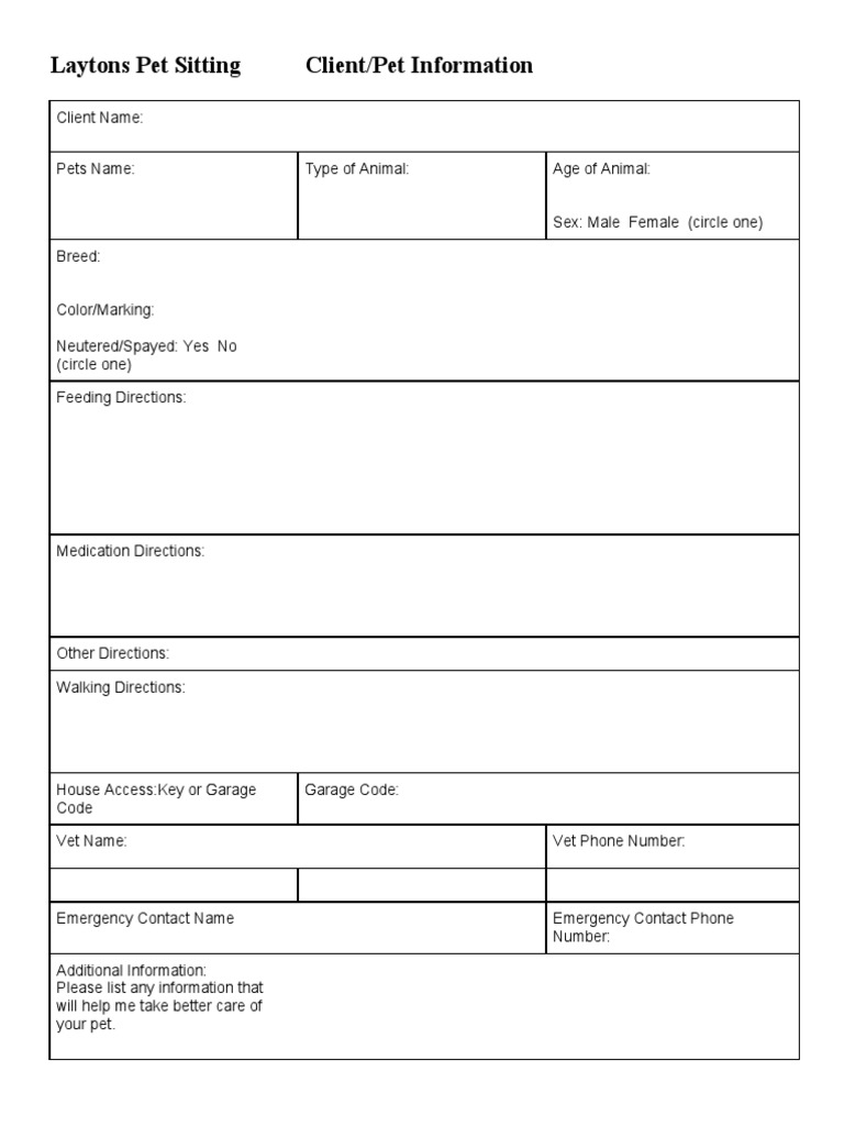 Layton Freas - Pet Sitting Client Information Form | PDF
