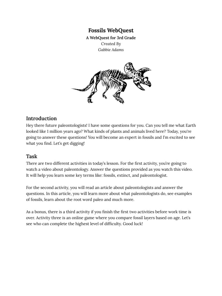 Fossils Webquest: A Webquest For 3Rd Grade | PDF | Paleontology | Fossil