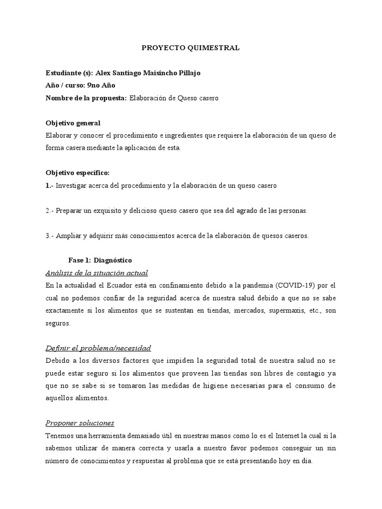 Proyecto - Elaboracion Queso - Alex Maisincho | PDF | Queso | Leche