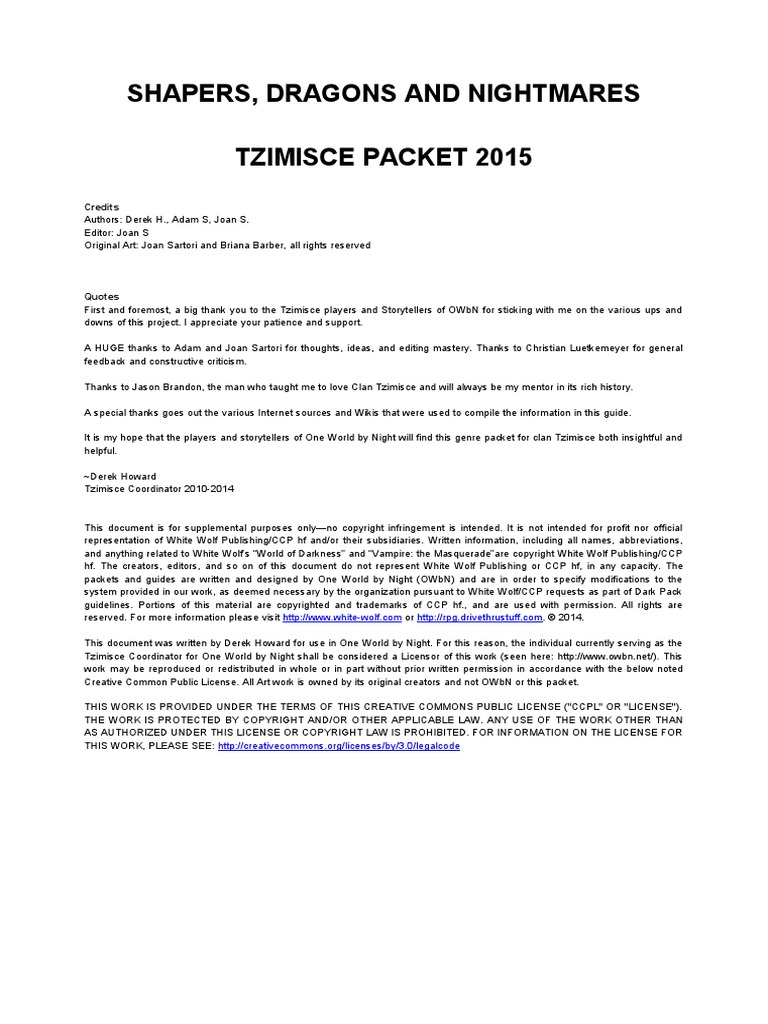 Shapers Dragons and Nightmare An OWbN Guide To Clan Tzimisce 2015 | PDF