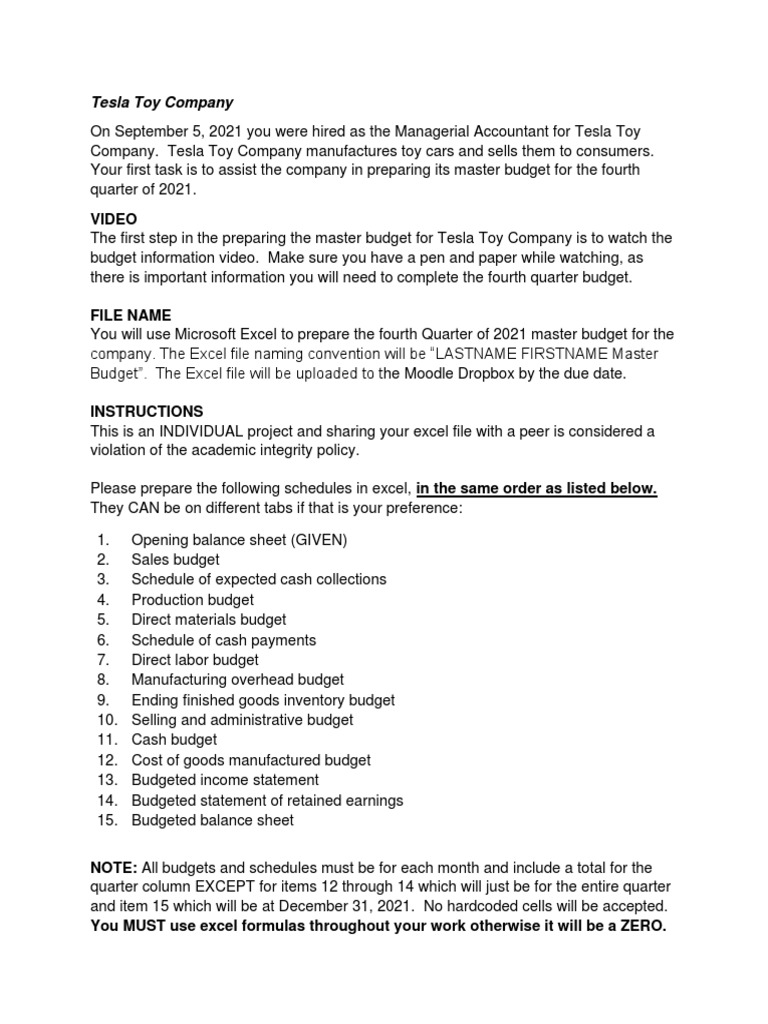 Tesla Toy Company Budget Project Instructions | Download Free PDF ...