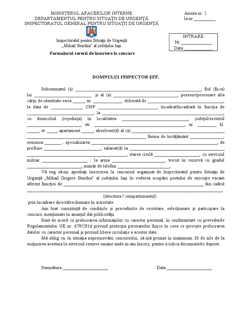 Anexa Nr. 2 Formular Cerere de Inscriere | PDF