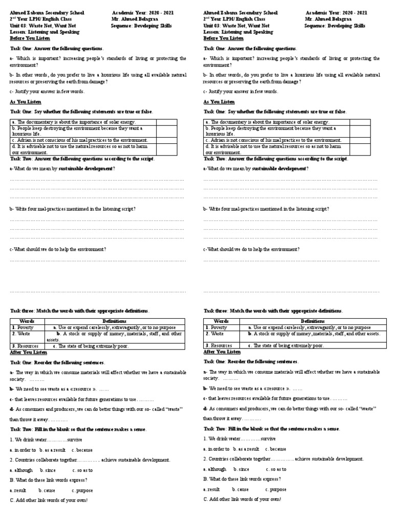 Sustainable Development Work Sheet | PDF | Environmental Science ...
