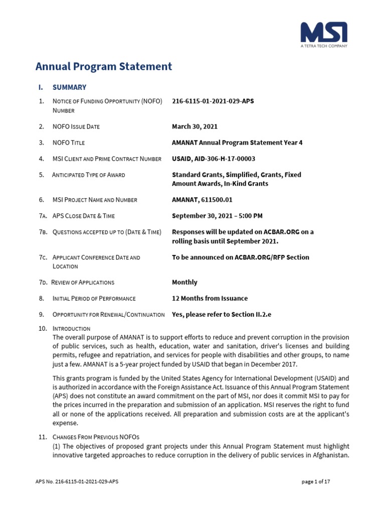 Annual Program Statement: I. Summary | PDF | United States Agency For ...