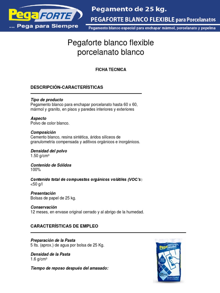 Pegaforte Blanco Flexible para Porcelanato | PDF | Hormigón | Materiales
