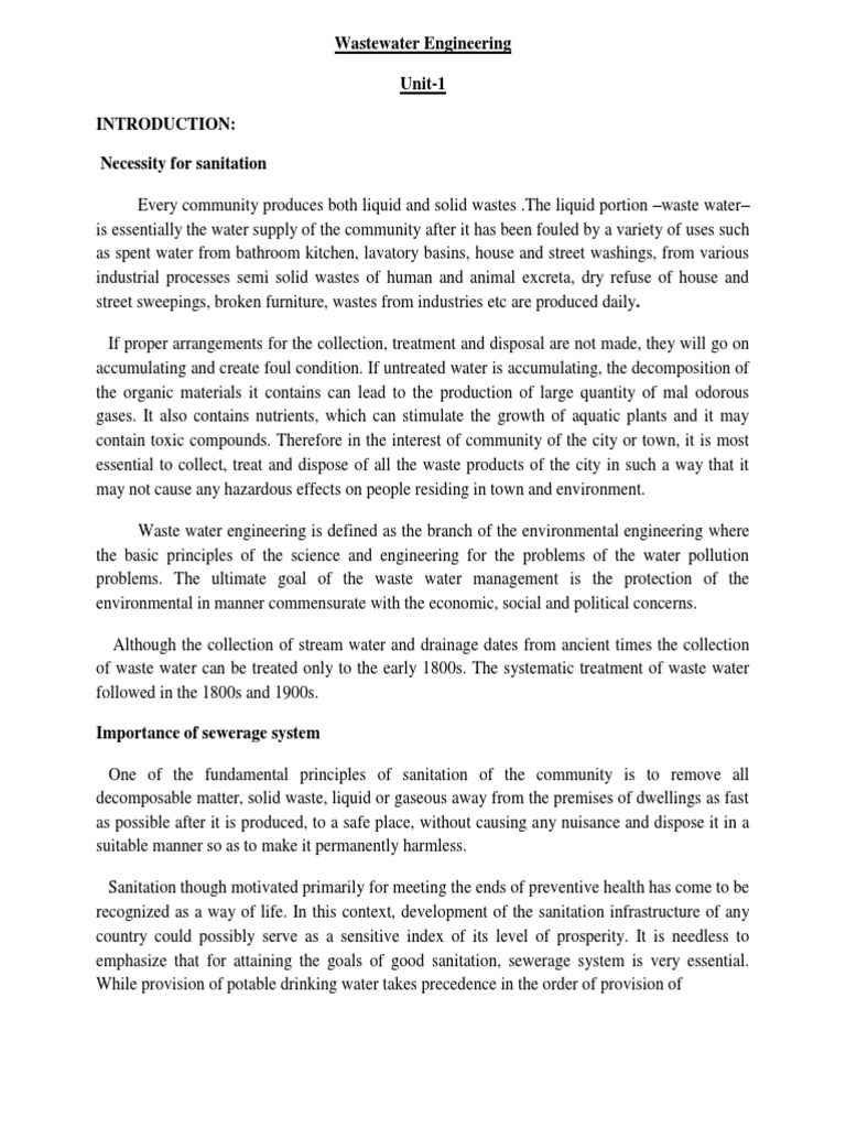 Wastewater Engineering Unit 1 | PDF | Sanitary Sewer | Sewage Treatment