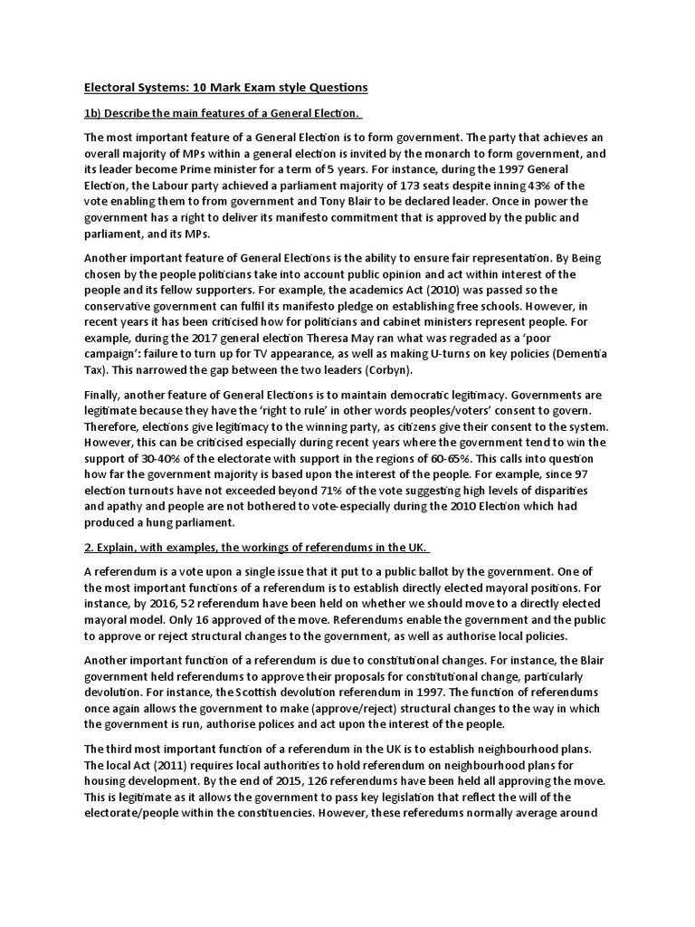 Electoral Systems: 10 Mark Exam Style Questions | PDF | Democracy ...