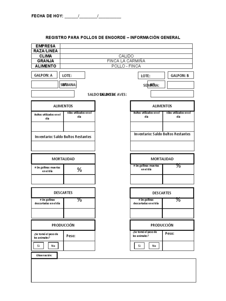 Planilla Registro Pollos Engorde - Gestion de Peso | PDF