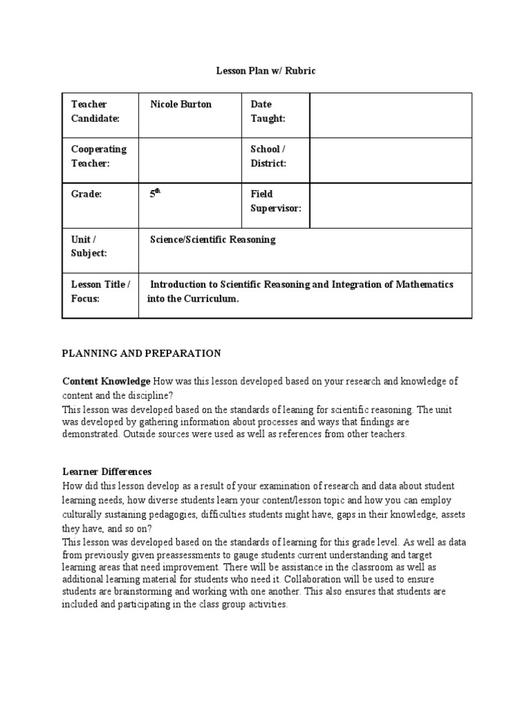 Math Integrated Lesson Plan | PDF | Educational Assessment | Learning