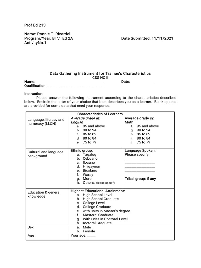 Trainee Characteristics Data Gathering Tool | PDF