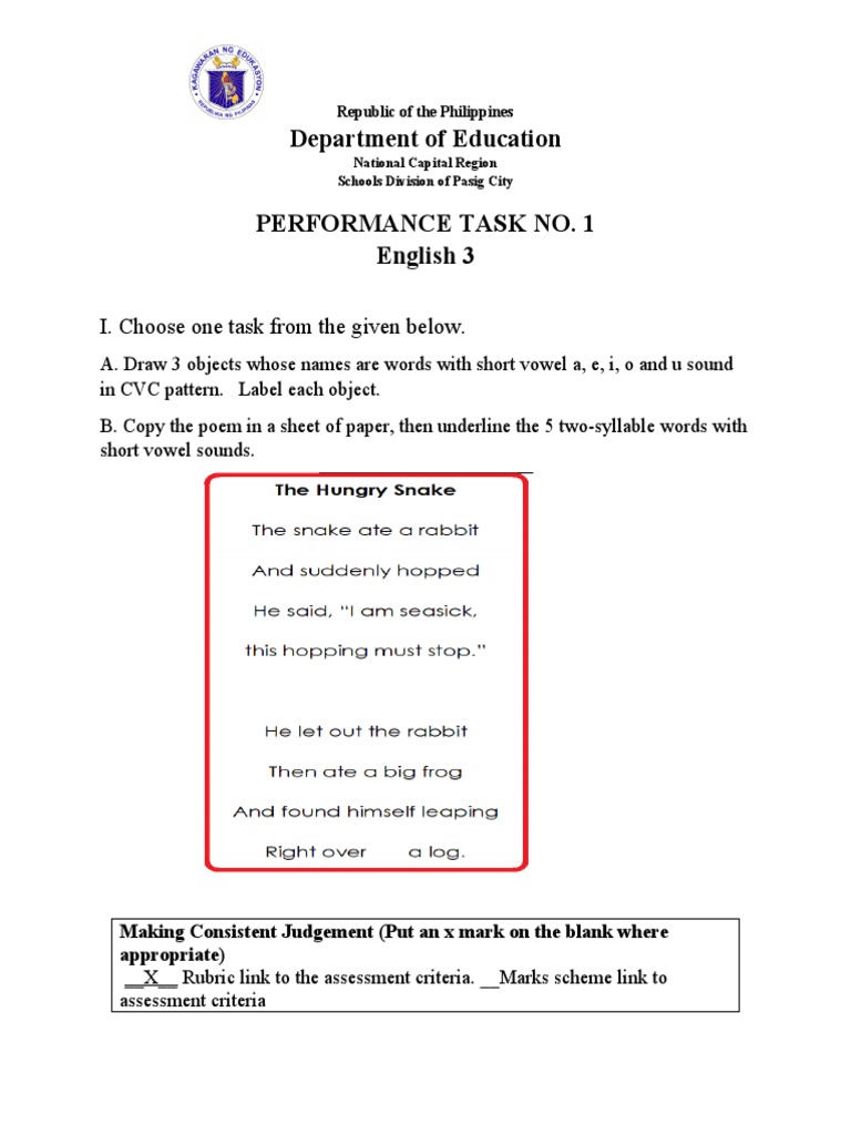 Department of Education Performance Task No. 1 English 3: I. Choose One ...
