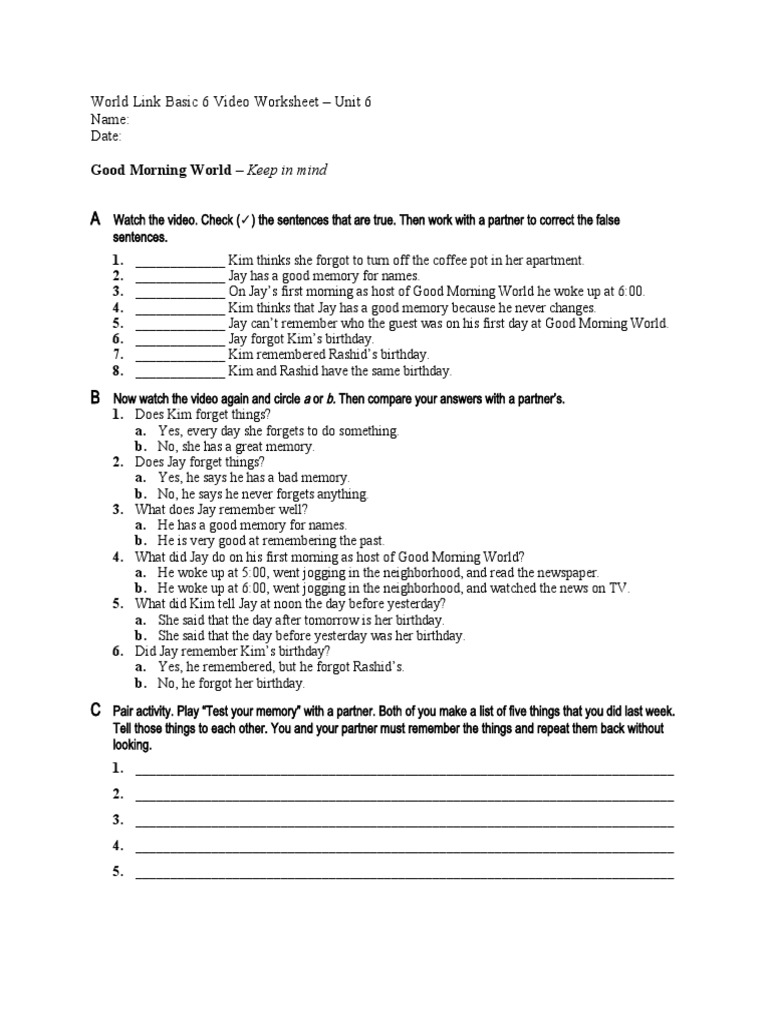 Wl3e ICPNA Basic06 U06 GW Video Worksheet | PDF | Cognition | Mental ...