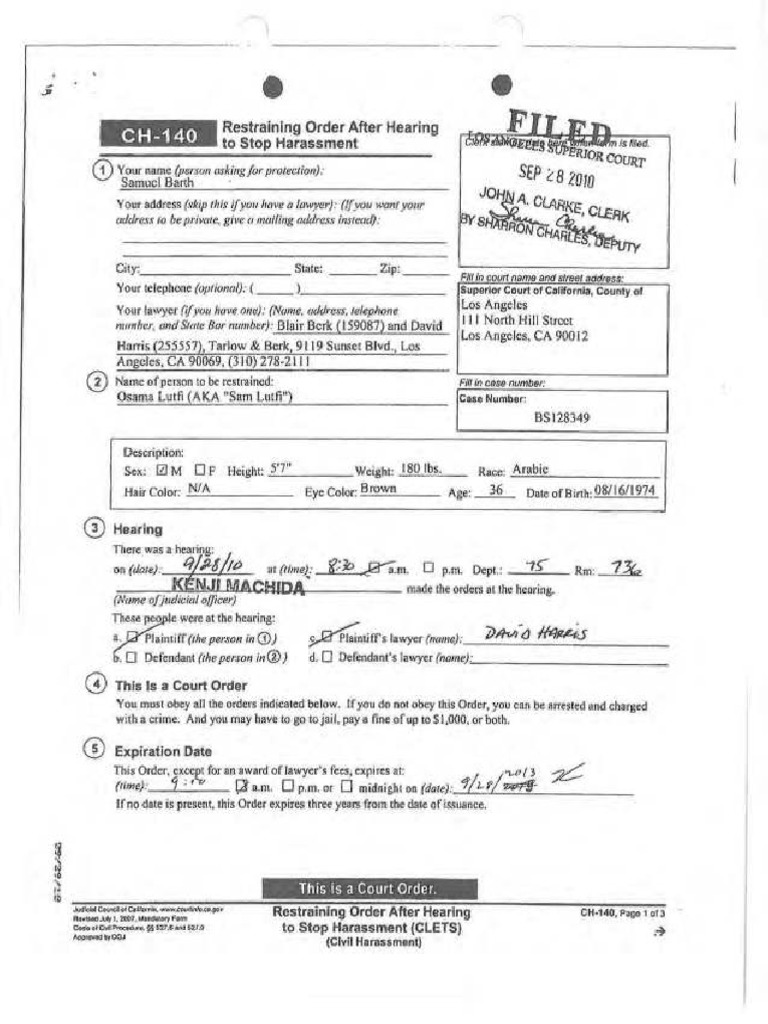 Samuel Barth Restraining Order Sam Lutfi 2010 | PDF | Crimes | Crime ...