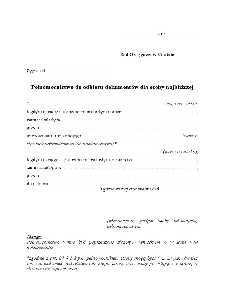 wzór pełnomocnictwa do odbioru dokumentów | PDF wzór pełnomocnictwa do odbioru dokumentów | PDF
