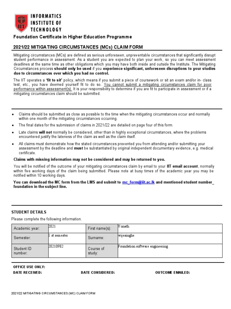 2021/22 Mitigating Circumstances Claim Form | PDF | Test (Assessment ...