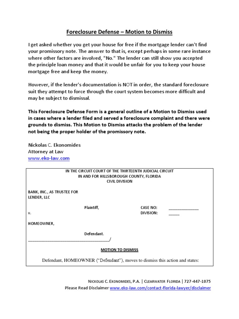 Foreclosure Defense Motion to Dismiss | PDF | Foreclosure | Promissory Note