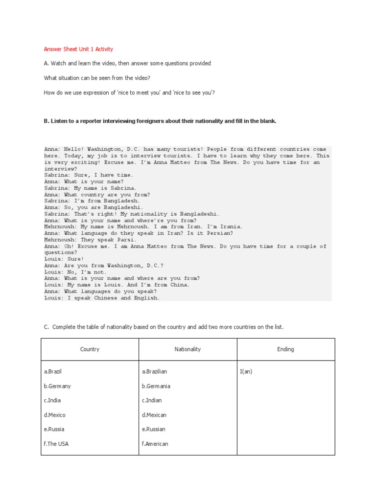 Answer Sheet Unit 1 Activity | PDF