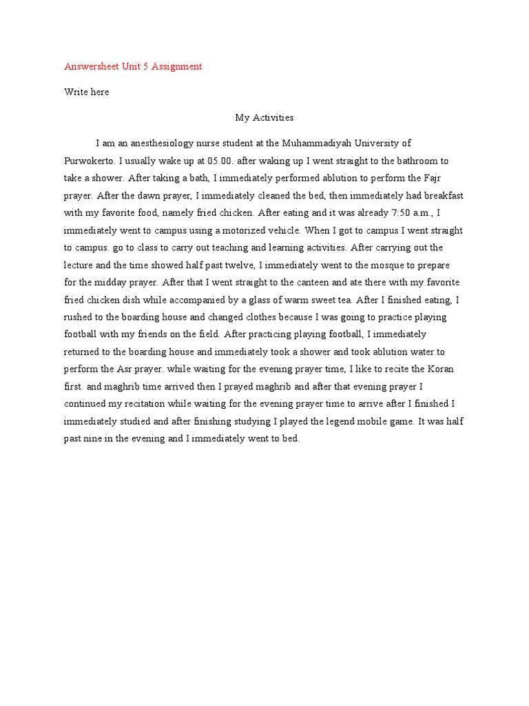 Answersheet Unit 5 Assignment | PDF | Self-Improvement | Wellness