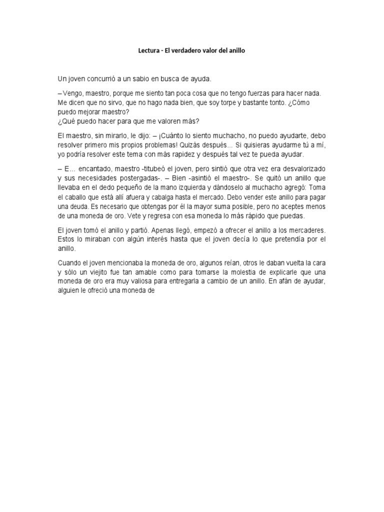 Lectura - El Verdadero Valor Del Anillo | PDF | Hogar, jardinería y ...