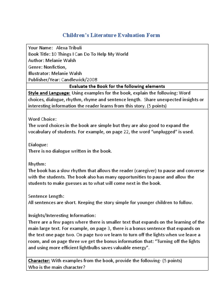 Children Literature Evaluation Form Picture Book | PDF | Books | Child ...