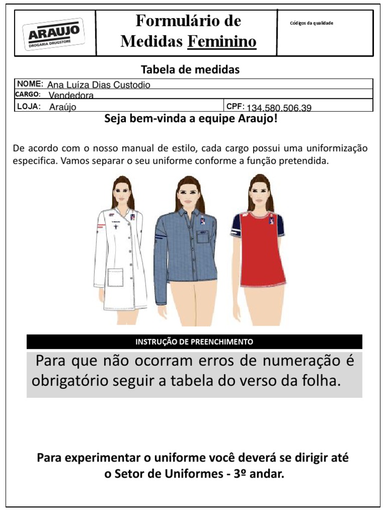 Formulário de Medidas - Feminino - Região Metropolitana | PDF