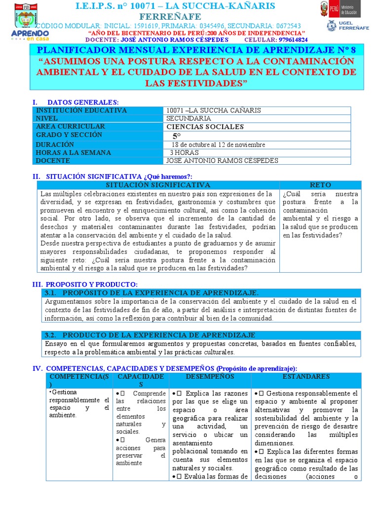 Planificador Experiencia 8 CC - Ss. 5 | PDF | Evaluación | Aprendizaje