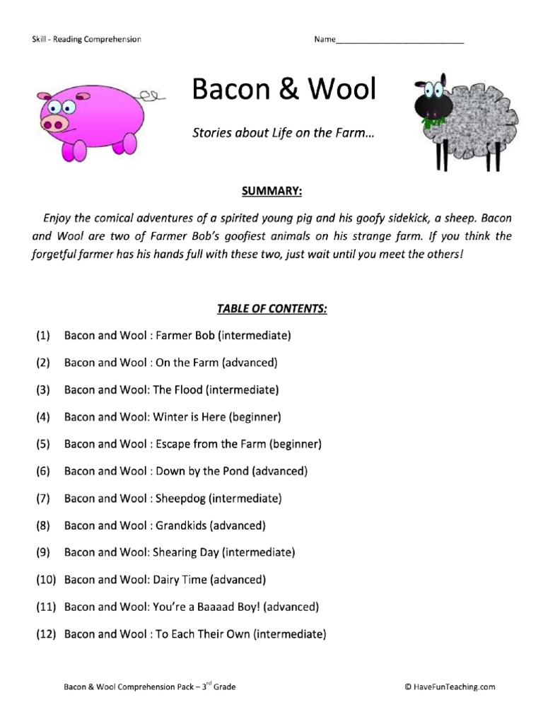 Bacon and Wool Collection Third Grade Reading Comprehension Worksheets ...