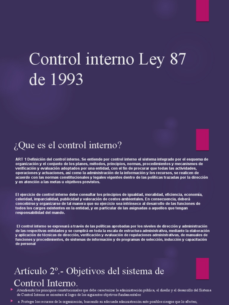 Control Interno Ley 87 de 1993 Completo | PDF | Planificación | Contralor