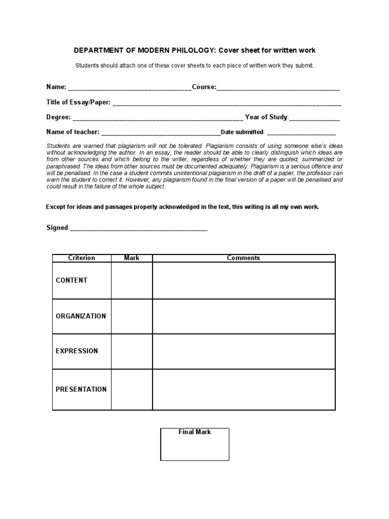 Essay Cover Sheet Template | PDF | Art | Computers