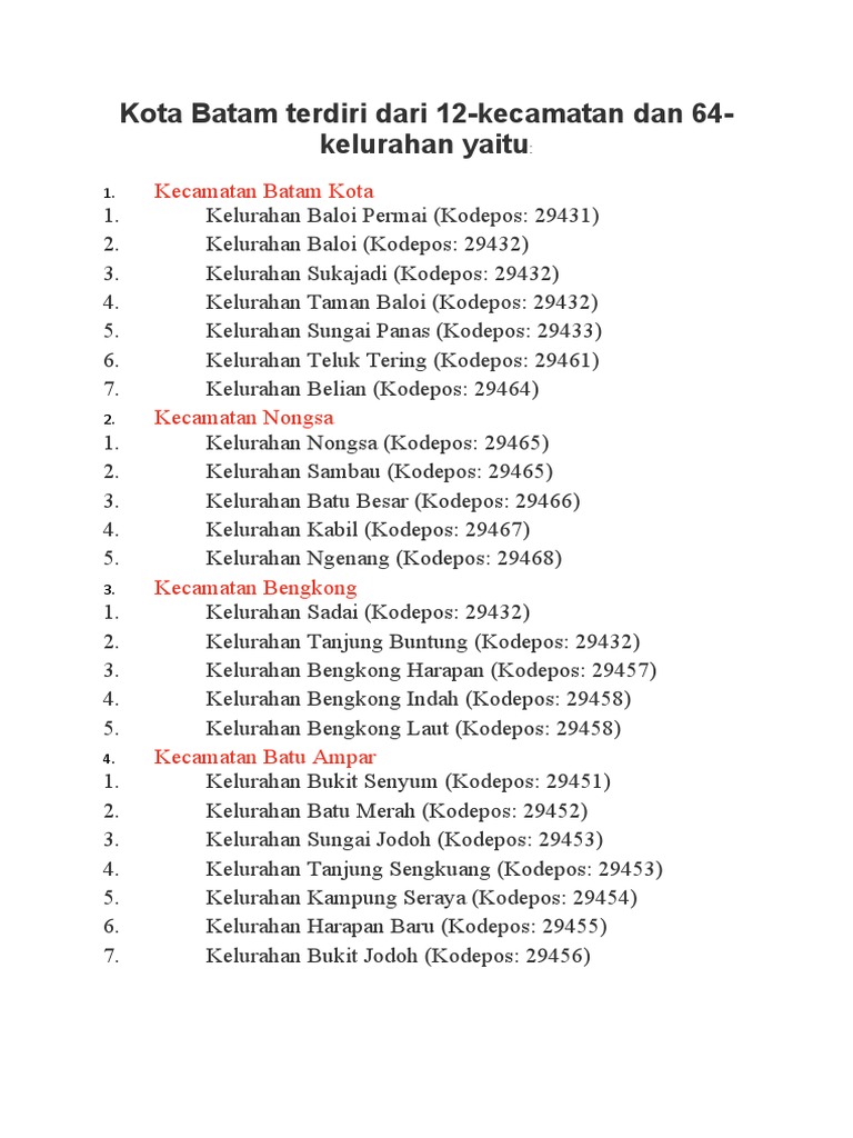 Kode Pos dan Kecamatan di Batam | PDF