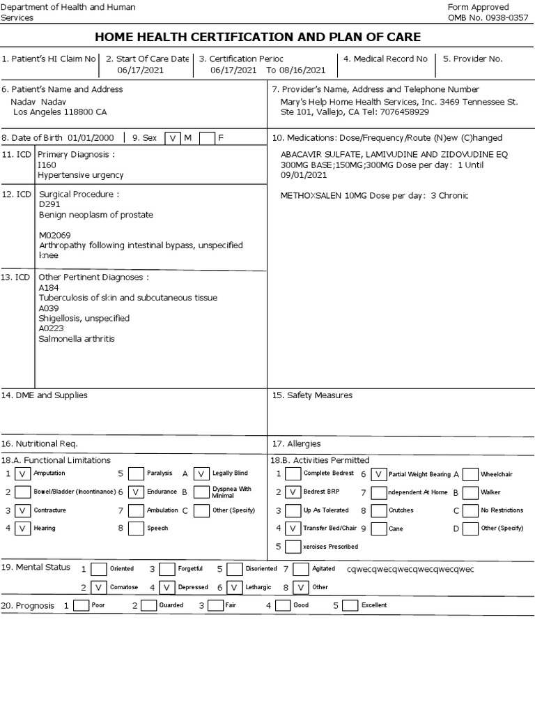 Home Health Certification and Plan of Care | PDF | Social Security ...