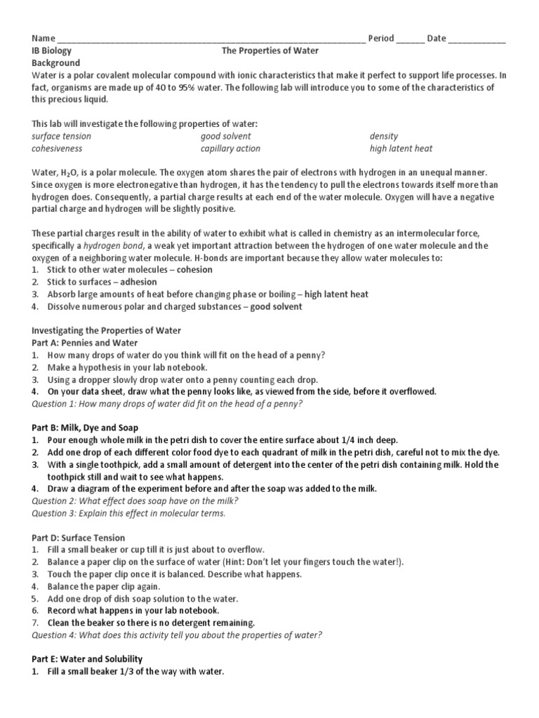 Experiment No. 1 - The Properties of Water | PDF | Chemical Polarity ...