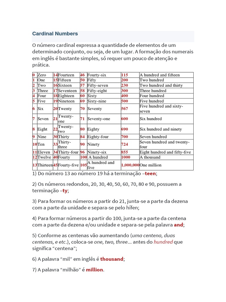 Formação de Números Cardinais em Inglês | PDF