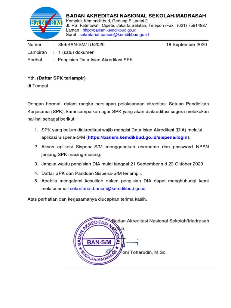 Edaran Pengisian DIA SPK 2020 - 859 | PDF