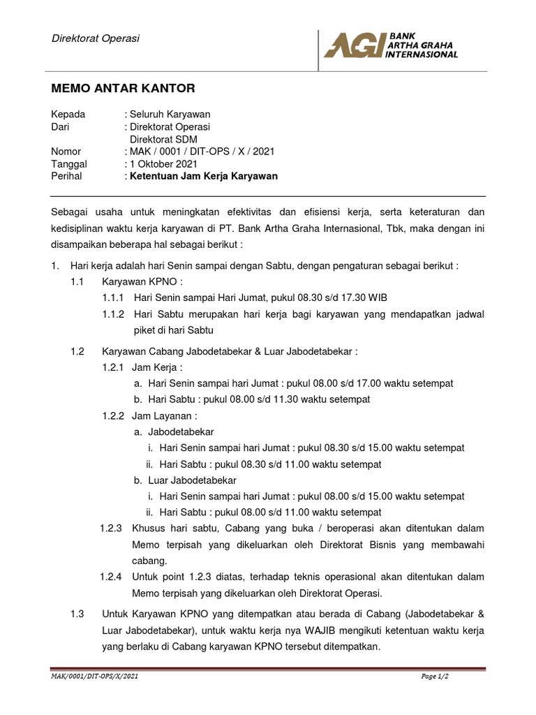 Memo Ketentuan Jam Kerja Karyawan-2 | PDF