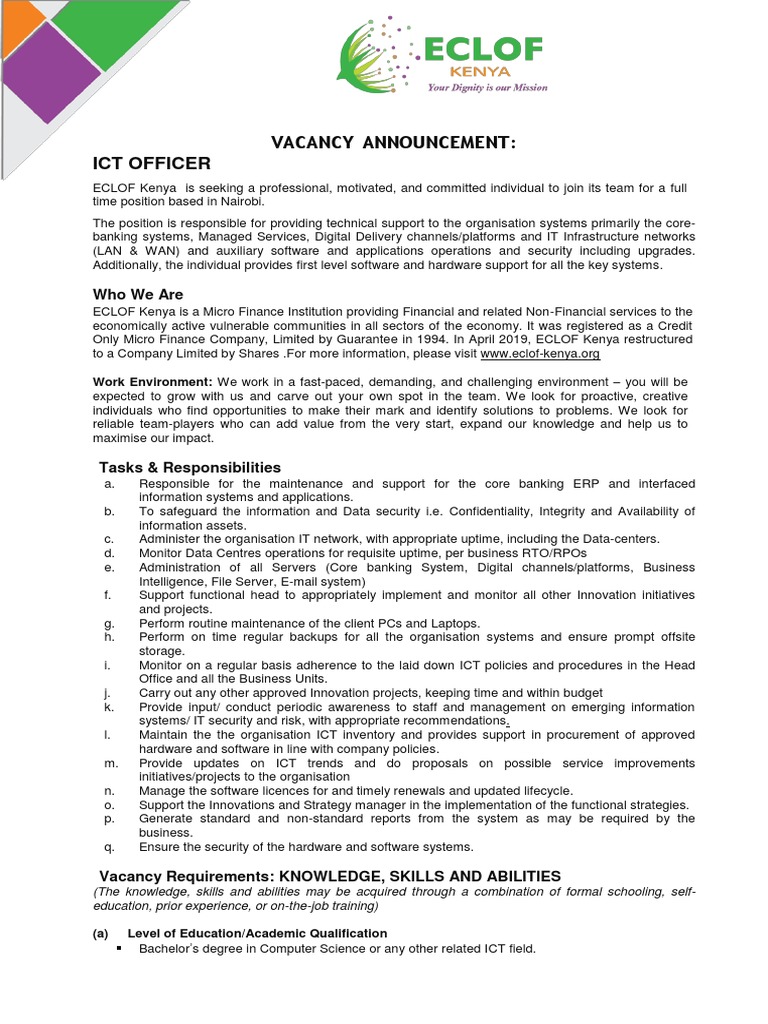 Vacancy Announcement: Ict Officer: Who We Are | PDF | Microfinance ...