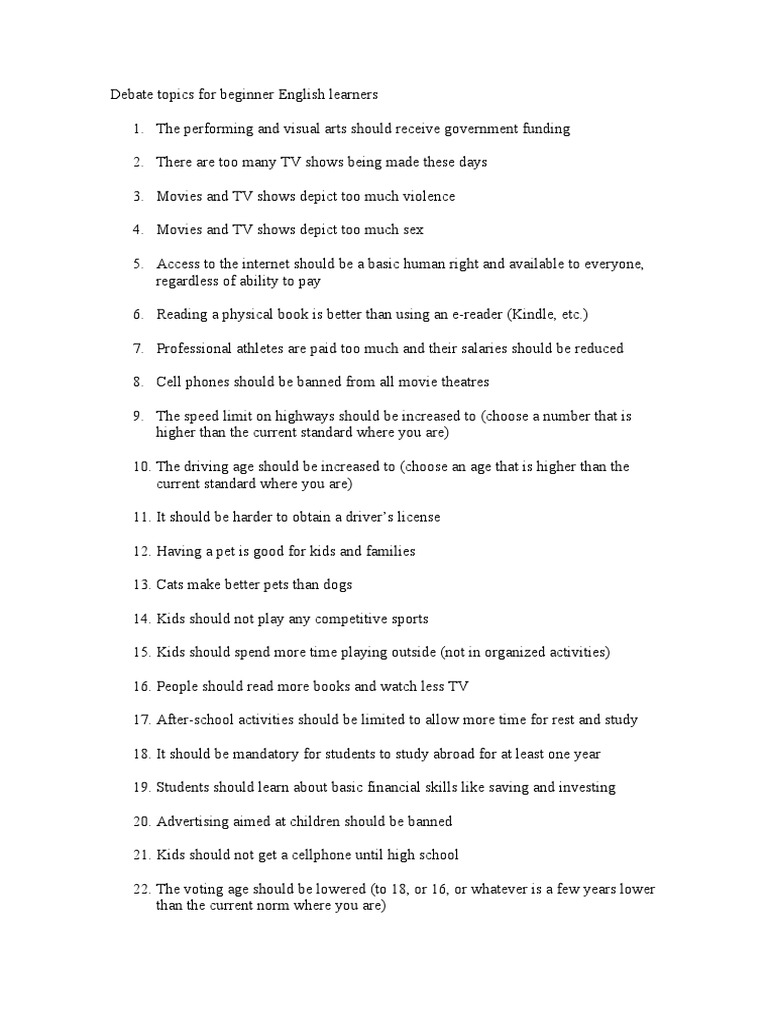 Debate Topics For Beginner English Learners | PDF | Schools