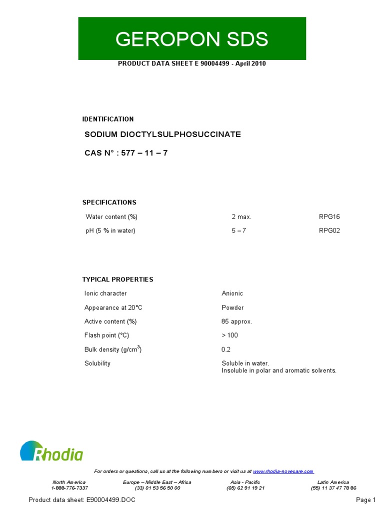 Geropon SDS: Sodium Dioctylsulphosuccinate CAS N°: 577 - 11 - 7 | PDF ...