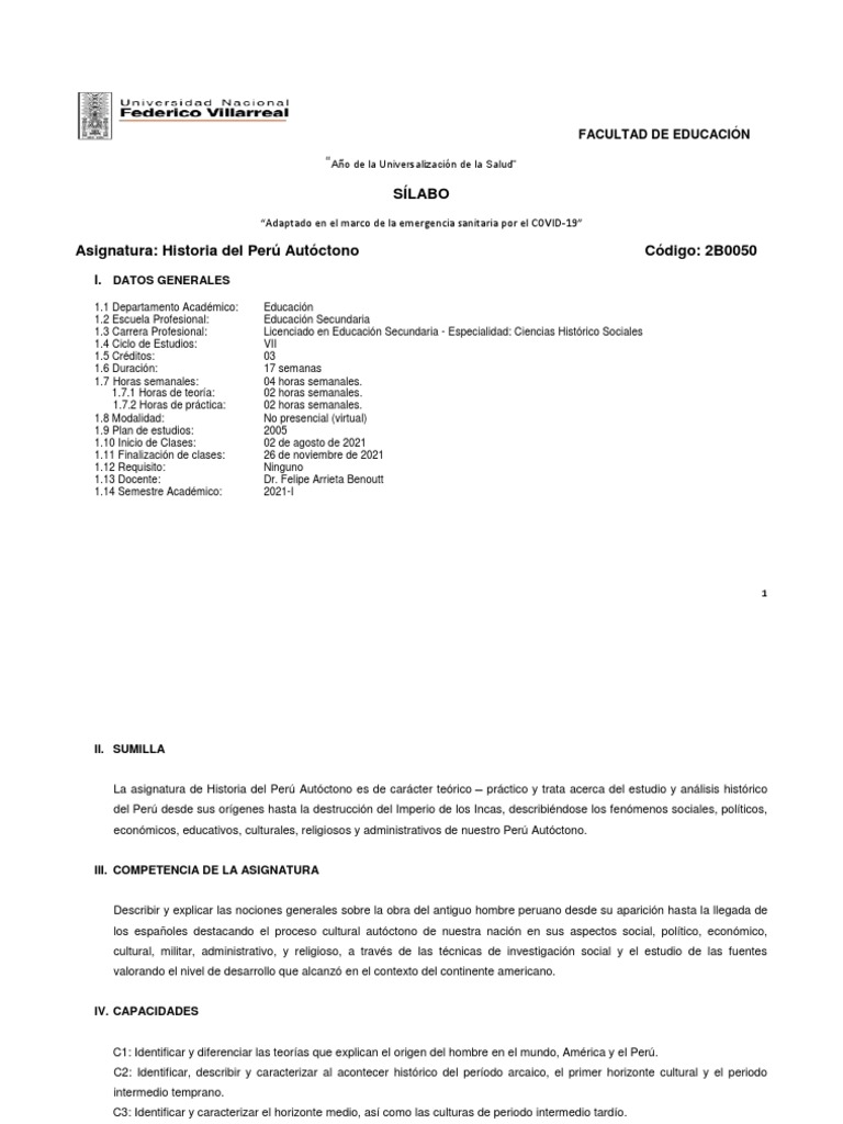 Silabo de Historia Del Peru Autoctono - 21 | PDF | Perú | Evaluación