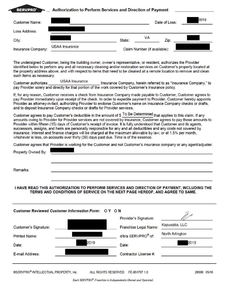 ServPro Unconscionable Contract - 28000 - Auth To Perform Services and Direction of Payment ...