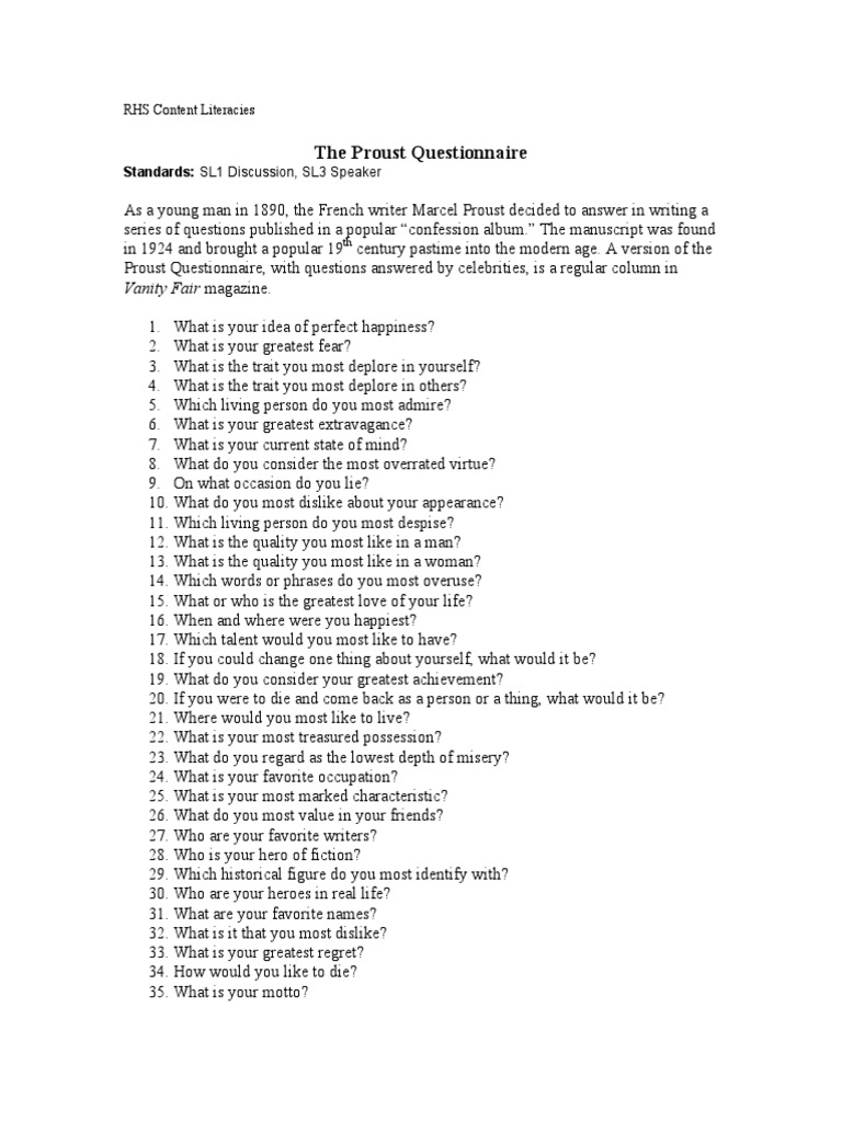 The Proust Questionnaire: Vanity Fair Magazine | PDF
