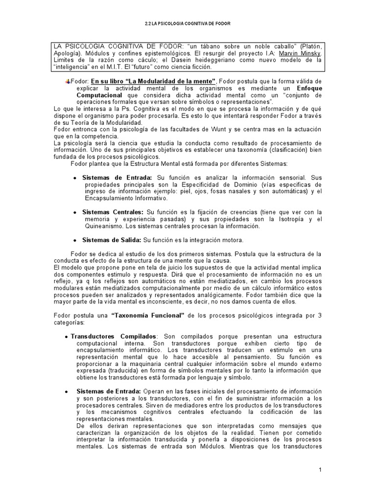 Modularidad de la mente según Fodor | PDF | Mente | Sicología