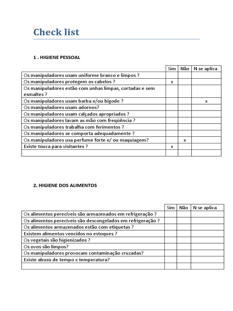 Checklist de Higiene Pessoal e Alimentar | PDF | Bem-estar