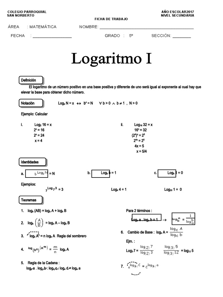 Fiha de Trabajo Logaritmo 01 | PDF | Logaritmo | Teoría de los números