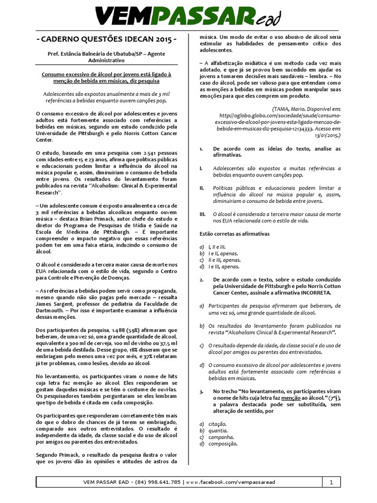 Caderno de Provas Idecan (Português) | PDF | Bebidas alcoólicas | Adolescência