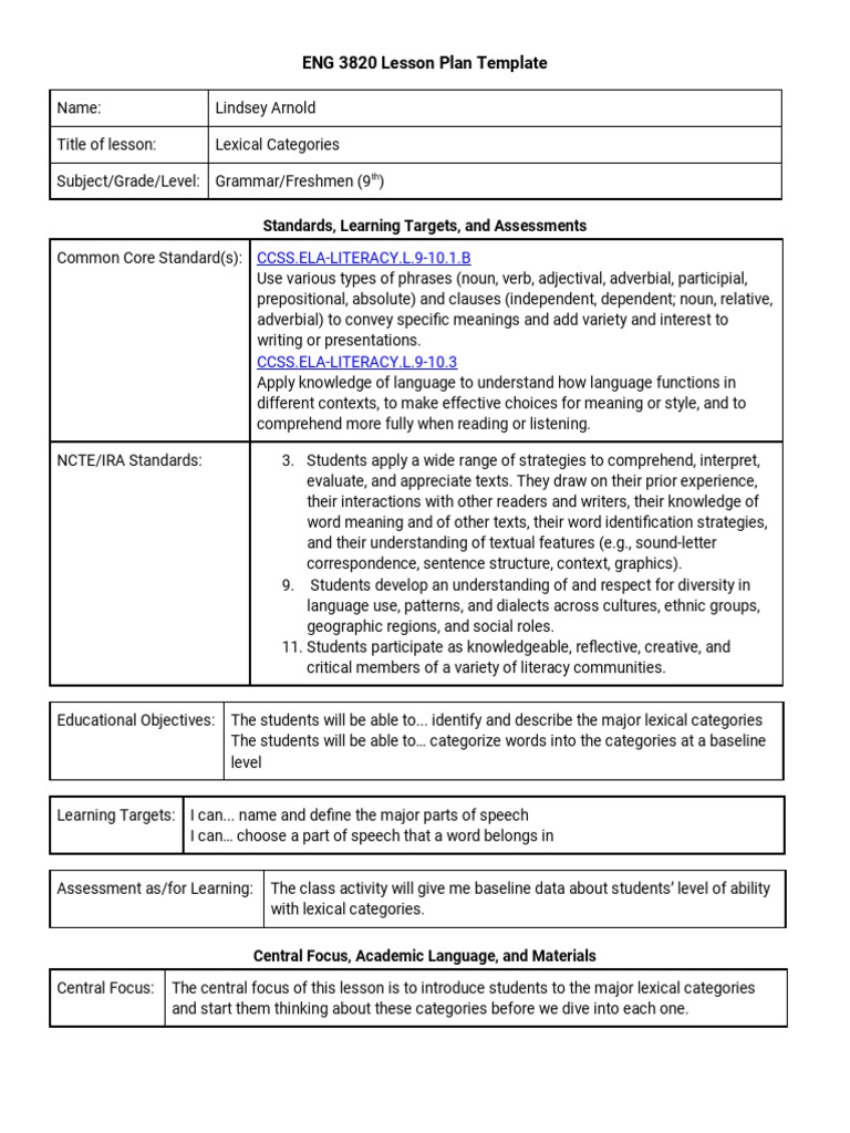 ENG 3820 Lesson Plan Template: Standards, Learning Targets, and ...